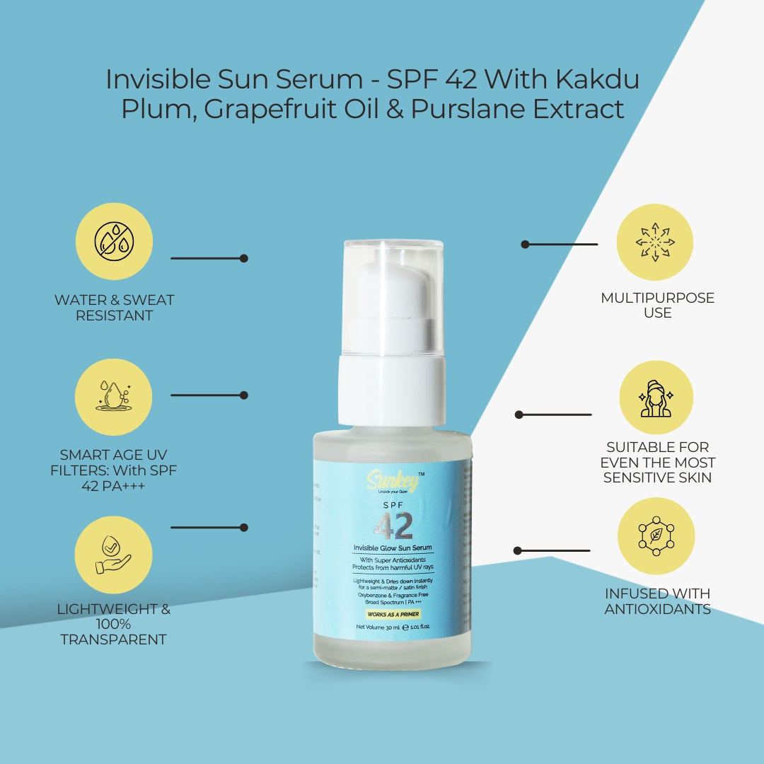 Invisible Sun Serum - SPF 42 With Kakdu Plum, Grapefruit Oil & Purslan – Sunkey Skincare